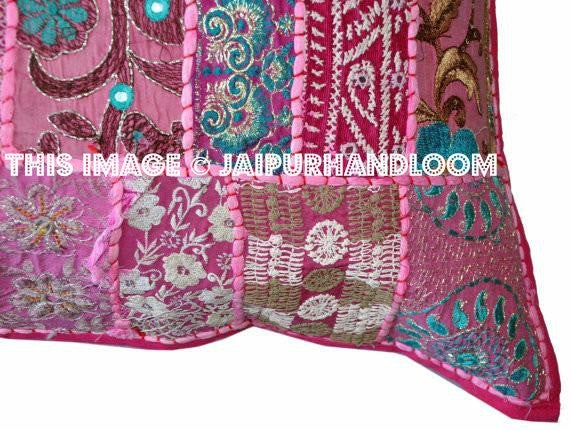 24" Indian Patchwork Pillow Cover Pink Embroidered Sofa Chair Cushions