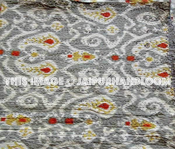 Queen Ikat Quilt Blanket In Gray Ikat Kantha Paisely