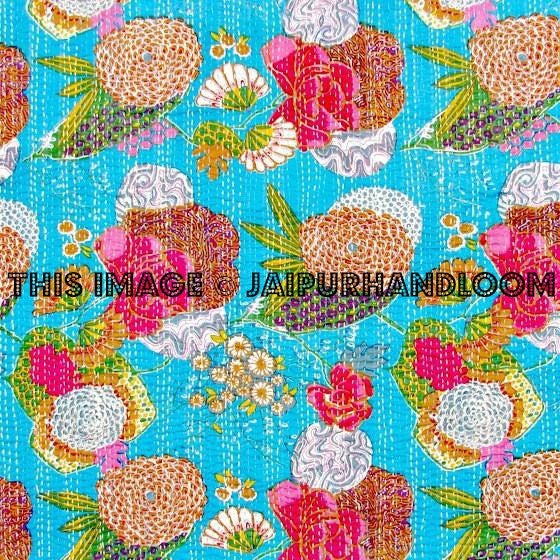 Turquoise kantha throw blanket in queen size Floral print
